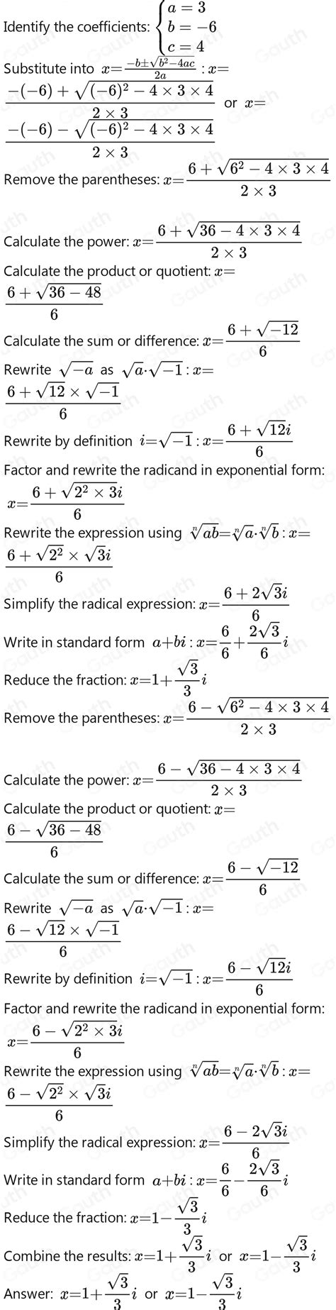 solved what is the solution to the equation 3x 2 6x 4 0 [math]