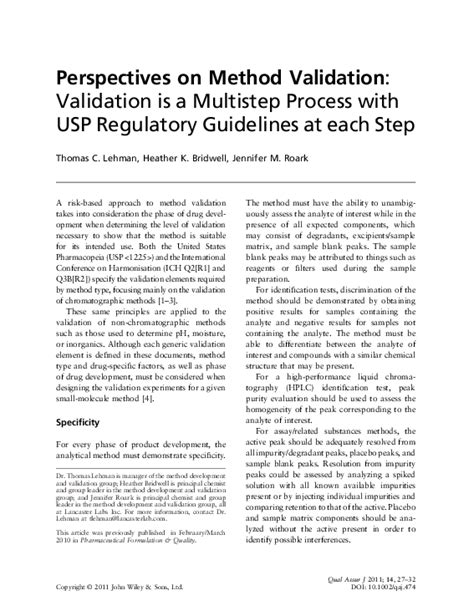 Pdf Perspectives On Method Validation Validation Is A Multistep Process With Usp Regulatory