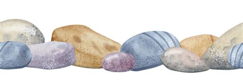 고립된 배경에 해저 돌이 있는 매끄러운 테두리 배너 또는 프레임에 대 한 바다 바닥과 손으로 그린 수채화 패턴입니다 그림 수중 바위입니다 해양 조약돌 해저 장식 0명에 대한