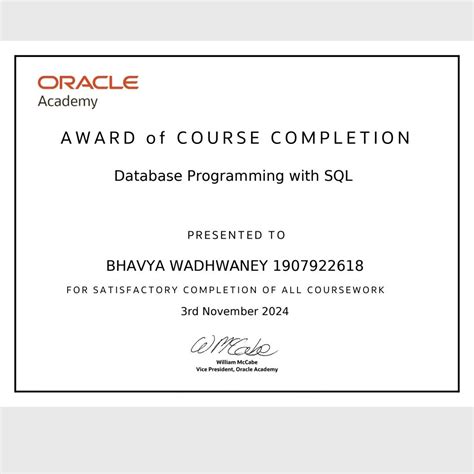 Bhavya Wadhwaney On Linkedin Oracleacademy Sql Databaseprogramming