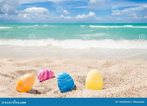 Easter Bunny With Color Eggs On The Ocean Beach Stock Image Image Of