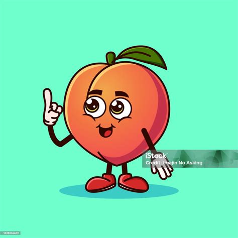 귀여운 복숭아 과일 캐릭터와 행복한 얼굴과 제스처를 가리킵니다 과일 문자 아이콘 개념 격리 이모티콘 스티커 플랫 만화 스타일