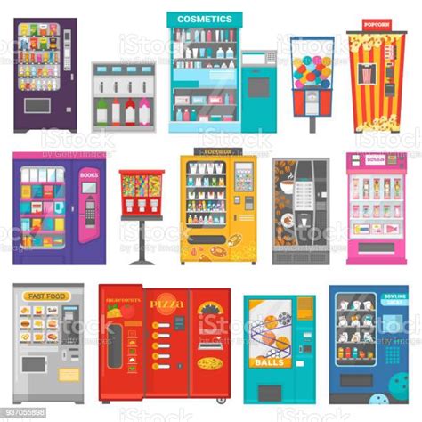 자동 판매기 벡터 흰색 배경에 고립 된 스낵 또는 음료 그림 세트 구입에 음식 또는 음료 및 공급 업체 기계 기술 제공 기계류에 대한 스톡 벡터 아트 및 기타 이미지