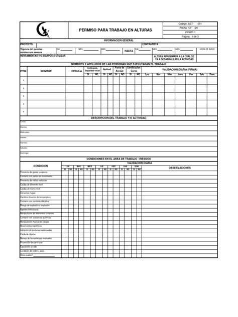 Sst Ft 091 Formato Permiso Para Trabajo En Alturas Pdf