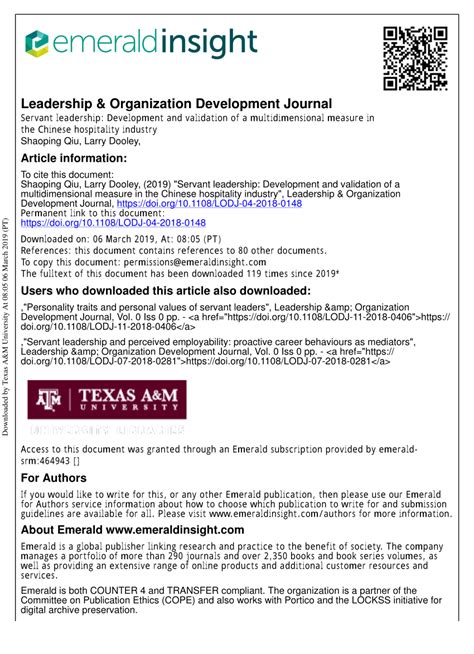 Pdf Servant Leadership Development And Validation Of A Multidimensional Measure In The