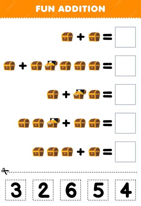귀여운 만화 보물 상자 인쇄 가능한 해적 워크시트에 대한 올바른 숫자를 자르고 일치시켜 어린이를 위한 재미있는 교육 게임 추가