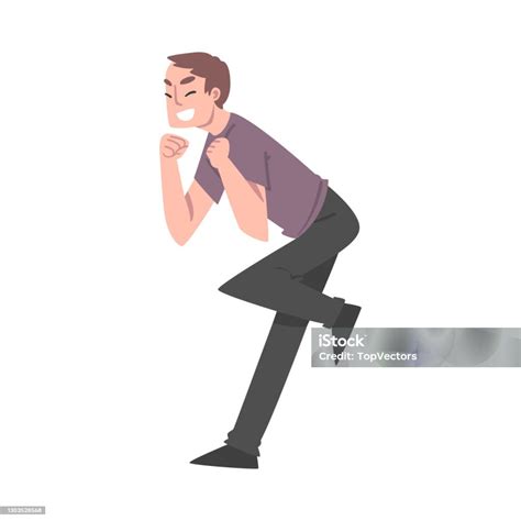승리를 축하하는 행복한 웃는 남자 자축을 표현하거나 재미 긍정적 인 감정 개념 만화 벡터 일러스트레이션 긍정적인 감정 표현에