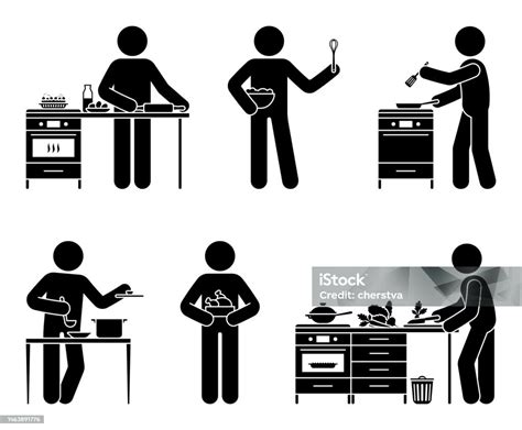 스틱 그림 집에서 요리하는 사람 주방 벡터 세트 스틱맨 베이킹 파이 튀김 수프 붓기 칼로 자르기 아이콘 픽토그램 믹싱 오븐에 굽기에 대한 스톡 벡터 아트 및 기타 이미지
