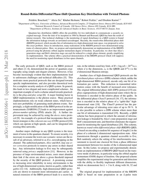 Pdf Round Robin Differential Phase Shift Quantum Key Distribution With Twisted Photons