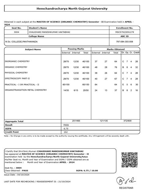 Msc 2 2024 Marksheet Pdf Master Of Science Physical Sciences