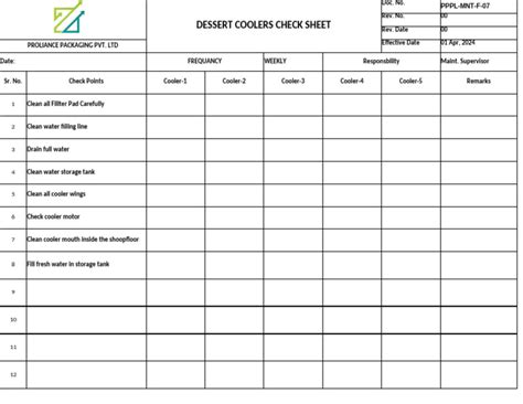 Cooler Check Sheet Pdf