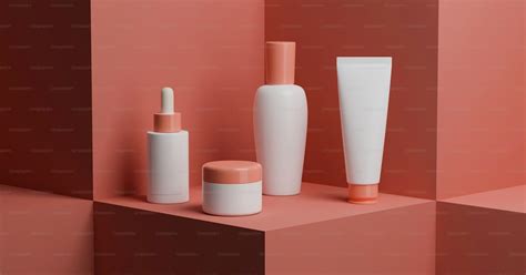 분홍색 사각형 받침대에 최소한의 미용 제품 포장 세트 스킨케어 병 항아리 스포이드 및 튜브 모형 3d 렌더링 3d 그림 사진 Unsplash의 모형 이미지