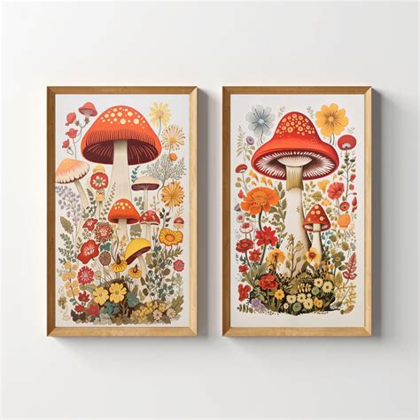 Printable Retro Mushroom Print Set Vintage Mushrooms Wall Art Bundle