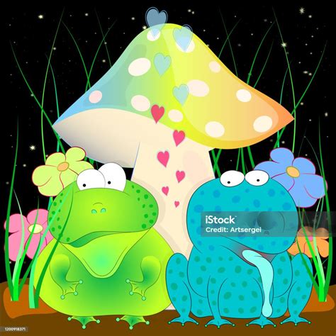 개구리와 버섯 아래 두드리고 매직 벡터 일러스트레이션 만화 개구리 벡터 일러스트레이션 개구리에 대한 스톡 벡터 아트 및 기타 이미지 개구리 귀여운 꽃 식물 Istock