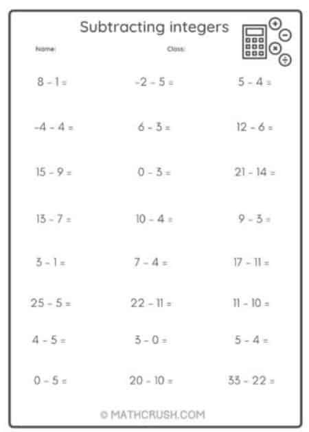 Subtracting Integers Worksheet