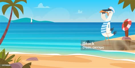 해변에 갈매기 모래 연안 바다 풍경 푸른 물과 하늘 정확한 벡터 만화 배경 근처 비행 해변서에 조류 선원 갈매기에 대한 스톡 벡터 아트 및 기타 이미지 Istock