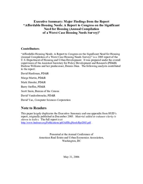 Pdf Executive Summary Major Findings From The Report Affordable Housing Needs A Report To
