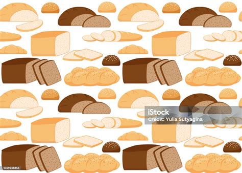 밀 곡물 및 호밀 빵집 음식 롤빵에서 생과자 빵에서 패턴입니다 덩어리 빵 벽돌 크루아상 토스트 빵 프랑스 바게트 찰라가 있는