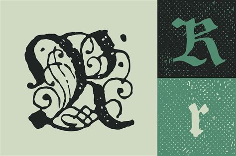 R 문자 드롭 캡 로고 조명 이니셜 및 블랙레터 대문자 및 소문자 프리미엄 벡터