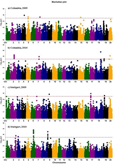 Manhattan Plot Of Log P Vs Chromosomal Position Of SNP Markers Download Scientific