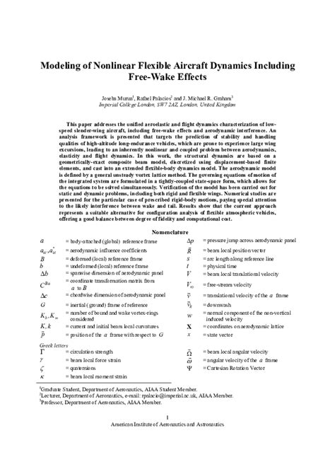 Pdf Modeling Of Nonlinear Flexible Aircraft Dynamics Including Free Wake Effects