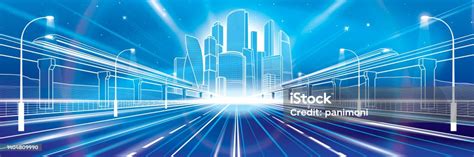 야간 고속도로 네온 글로우 시티 비즈니스 타운 일러스트레이션 기차는 다리에서 타고 사막의 큰 길 배경에 문레인 흰색 윤곽선 파노라마 벡터 디자인 아트 거리에 대한 스톡 벡터