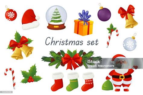 크리스마스 장식과 상징 3d 현실적인 세트 장난감 공 산타 클로스 나무가있는 유리 눈 지구본 선물 상자 종 화환 홀리 양말 및 기타 고립 된 요소 번들 벡터 일러스트 레이