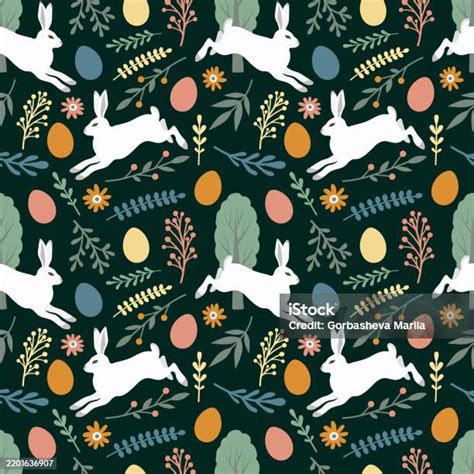 부활절 완벽 한 패턴입니다 부활절 토끼 달걀 꽃 짙은 녹색 배경에 꽃 카드 포장지 직물 배경 포장에 대 한 벡터 일러스트 레이 션 0명에 대한 스톡 벡터 아트 및 기타