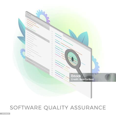 소프트웨어 품질 보증 등각 투영 벡터 아이콘입니다 버그 수정을 통해 소프트웨어 검사 및 분석 흰색 배경에 격리 된 돋보기 아래에
