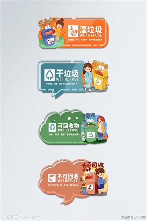 垃圾分类卡通人物温馨提示牌素材