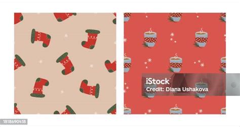 크리스마스 빨간 양말과 코코아 컵으로 설정된 완벽 한 패턴 크리스마스와 새해 컨셉 손으로 그린 복고풍 빈티지 벡터 텍스처 벽지 인쇄물 포장 직물 0명에 대한 스톡 벡터 아트