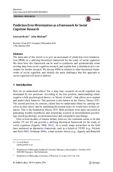 Pdf Prediction Error Minimization As A Framework For Social Cognition Research
