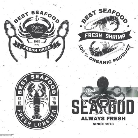 최고의 해산물 배지 세트 신선한 랍스터 문어 새우 옷을 입은 게 벡터 그림입니다 해산물 엠블럼 간판 패치 셔츠 메뉴 레스토랑