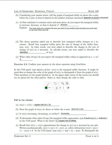 Lab 10 Exercises Marginal Utility Math 108 O