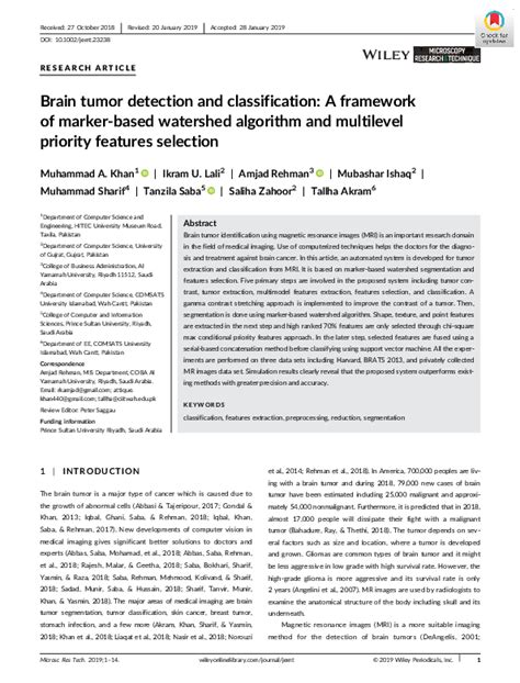 pdf brain tumor detection and classification a framework of marker‐based watershed algorithm