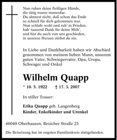 traueranzeigen von wilhelm quapp trauer in nrw de
