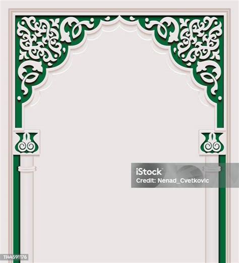 이슬람 모스크의 장식적인 돌 기복을 가진 아랍 건축 작풍 아치에 있는 양식에 일치 시키는 문 이슬람교도 휴일을 위한 인사말 카드 0명에 대한 스톡 벡터 아트 및 기타 이미지