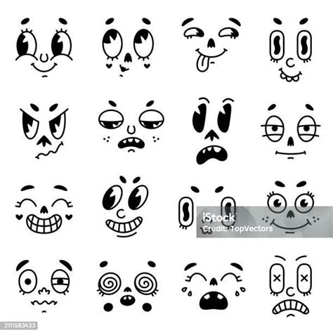 Retro 만화 마스코트 얼굴 와 눈 와 입 성분 벡터 세트 눈 신체 부분에 대한 스톡 벡터 아트 및 기타 이미지 눈 신체 부분 최면 감정 Istock