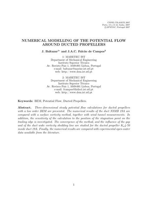 Pdf Numerical Modelling Of The Potential Flow Around Ducted Propellers