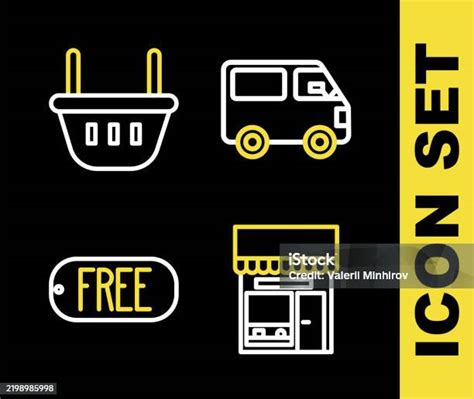 세트 라인 배달화물 트럭 차량 쇼핑 건물 또는 시장 상점 텍스트 무료 및 바구니 아이콘이있는 가격표 벡터 0명에 대한 스톡 벡터