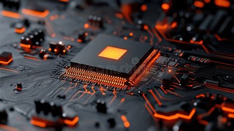 Closeup Of A Microprocessor On A Circuit Board With Orange And Black