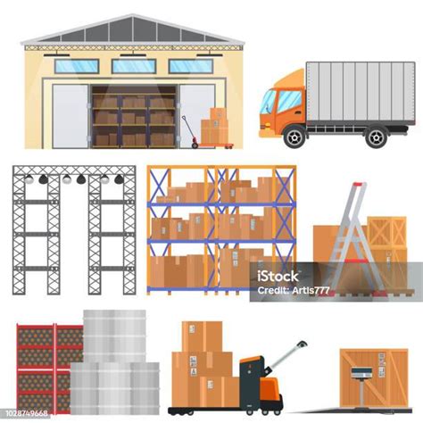 창 고 및 물류 평면 장비 아이콘 벡터 배달 트럭 스토리지 창 고 화물 상자 0명에 대한 스톡 벡터 아트 및 기타 이미지 0명 개념 건물 외관 Istock