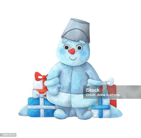눈사람은 선물로 서 있다 겨울 휴가 장식크리스마스 구성 만화 스타일의 크리스마스 일러스트 흰색 배경에 고립 된 크리스마스 수채화 그림 가공의 인물에 대한 스톡 벡터 아트 및