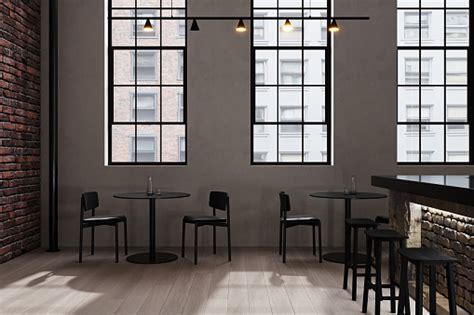 맨해튼에 바가 있는 매우 세련된 인테리어 레스토랑 벽돌 벽과 검은색 가구가 있는 로프트 인테리어 3d 일러스트레이션 0명에 대한