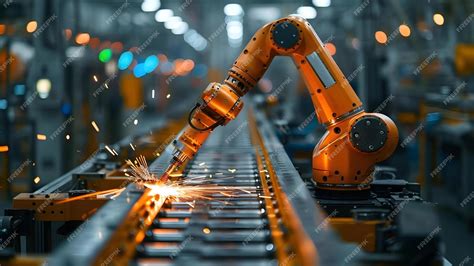 Robot Arm Assembly Machine In Factory Workshop Sparking During Automated Production Operations