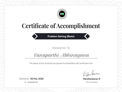 Earned Hackerrank Problem Solving Certificate Vanaparthi Abhinayana