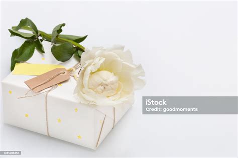 좋은 현재 흰색 나무 바탕에 아름 다운 모란 꽃과 작은 노란색 별과 흰 종이에 포장 생일 파티를 위한 선물 포장된입니다 모형입니다 휴일 개념입니다 겨울에 대한 스톡 사진 및