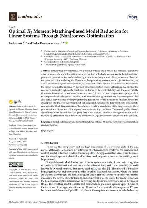 Pdf Optimal H2 Moment Matching Based Model Reduction For Linear Systems Through Nonconvex