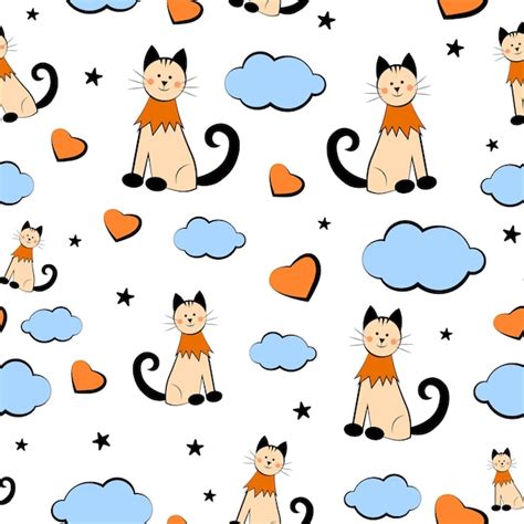 Premium Vector Seamless Texture With Cats And Clouds On A White
