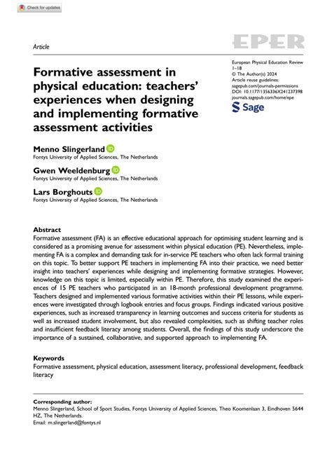 Pdf Formative Assessment In Physical Education Teachers Experiences When Designing And
